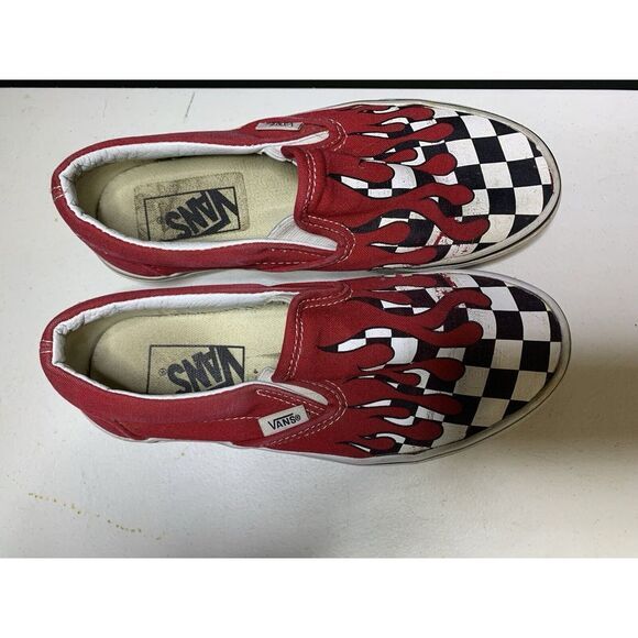 Vans | Shoes | Mens Size 4 Red Black White Checkered Flame Slip On Vans ...